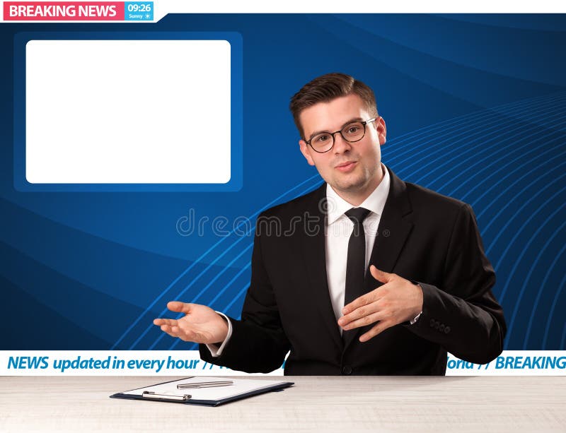 Television Reporter Telling Breaking News at His Studio Desk Wit Stock ...