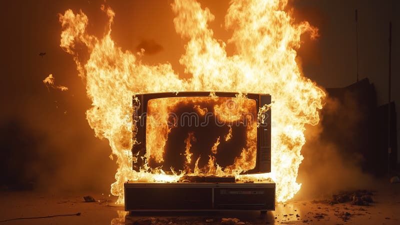 A Television Set on Fire in a Dark Room Stock Photo - Image of ...