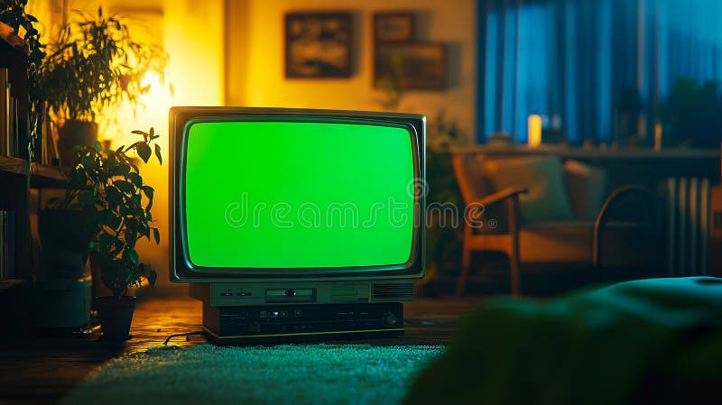 A Television Set with a Green Screen Sitting on a Blue Rug Stock Image ...