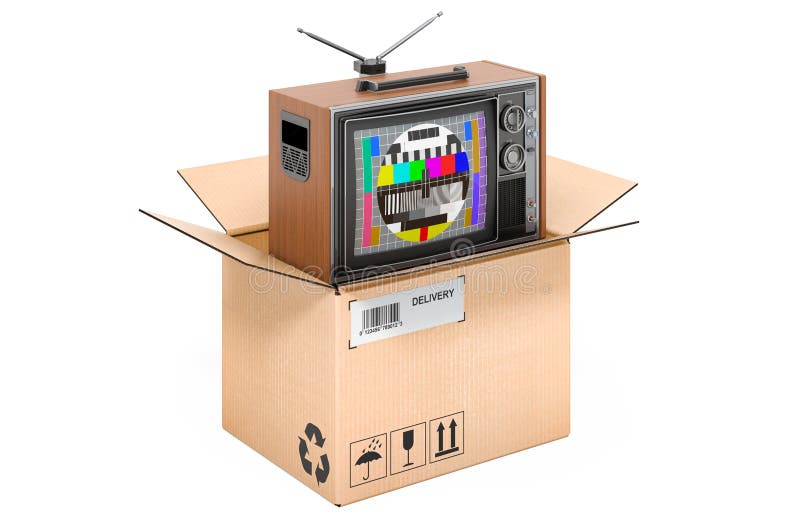 Television Set Inside Cardboard Box, Delivery Concept. 3D Rendering ...