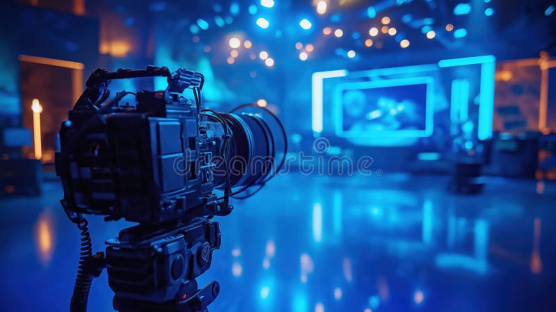 Television Studio with Camera and Vibrant Blue Lighting Stock Image ...