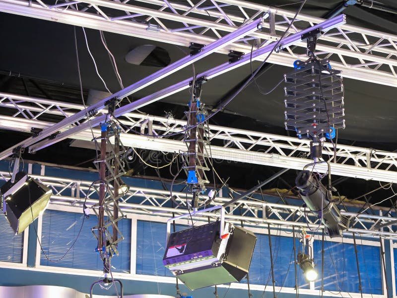 Television Studio Light Equipment, Spotlight Truss, Cables, Mic Stock ...