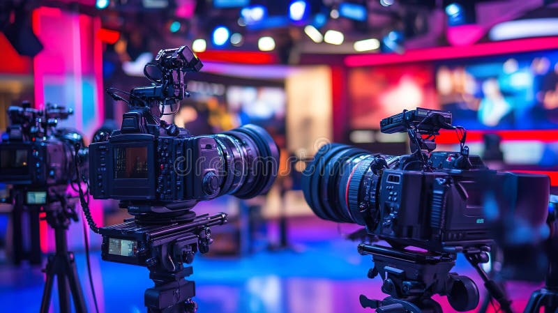 Cameras on Tripods in a Colorful TV Studio Set Stock Photo - Image of ...
