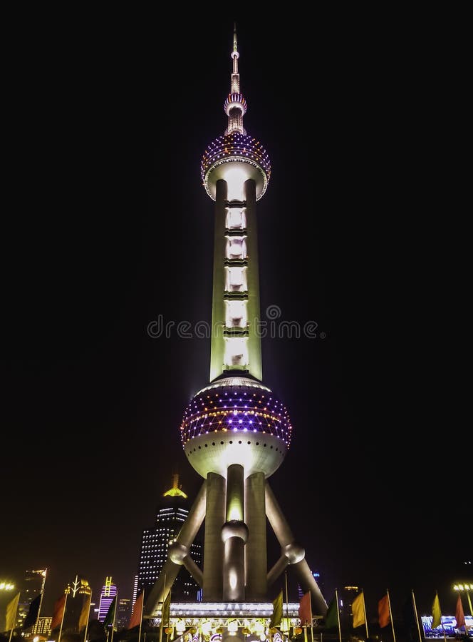 Television Tower in Shanghai at Night, Bright Lights Stock Image ...