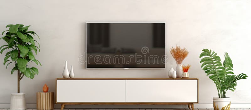 A Television on a White Wall in a Living Room Stock Photo - Image of ...