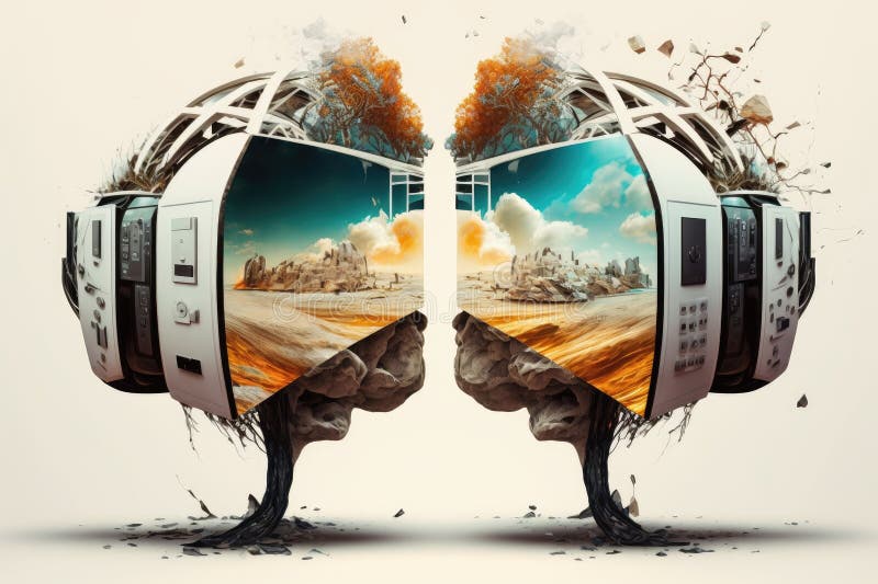 VR Headset, Double Exposure, Metaverse, Futuristic Virtual World, State ...