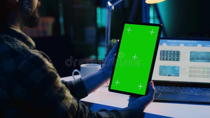 Remote Worker Checking Business Figures on Mockup Tablet Stock Video ...