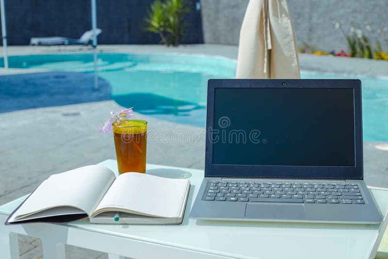 Teleworking from the Pool at Home, the Summer Office Stock Image ...