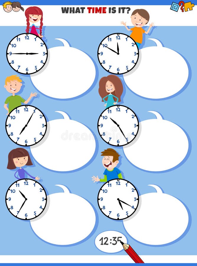 Telling Time Educational Task with Cartoon Kids Stock Vector ...