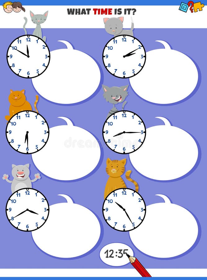 Telling Time Educational Task with Cats Characters Stock Vector ...