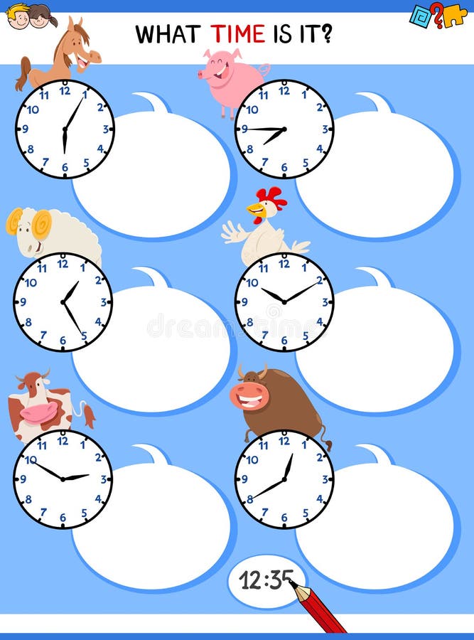 Telling Time Educational Task with Farm Animals Stock Vector ...