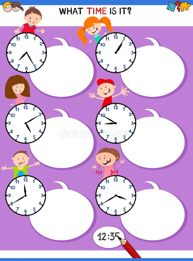 Telling Time Educational Task with Cartoon Children Stock Vector ...