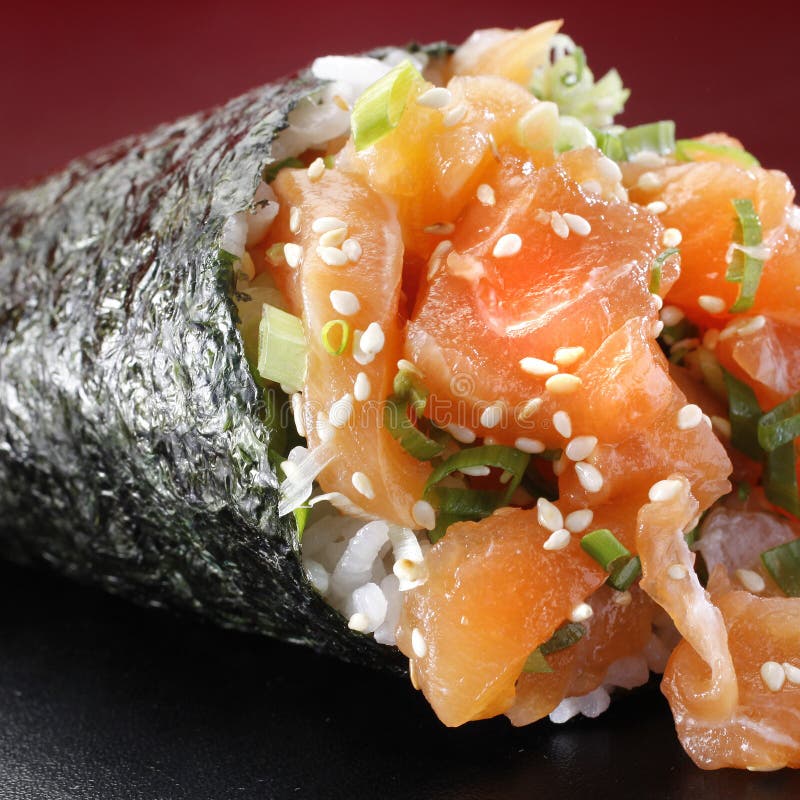 Salmon Temaki Sushi, Ginger And Sauce Closeup. Horizontal Top Vi Stock ...