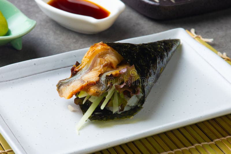 Temaki Unagi Sushi with Eel and Rice Stock Photo - Image of sauce ...