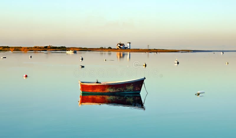 Cape Cod Dory Reflection stock image. Image of sunrise - 1599947