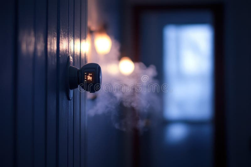 Temperature Display in a Dimly Lit Hallway with Steam Rising during a ...