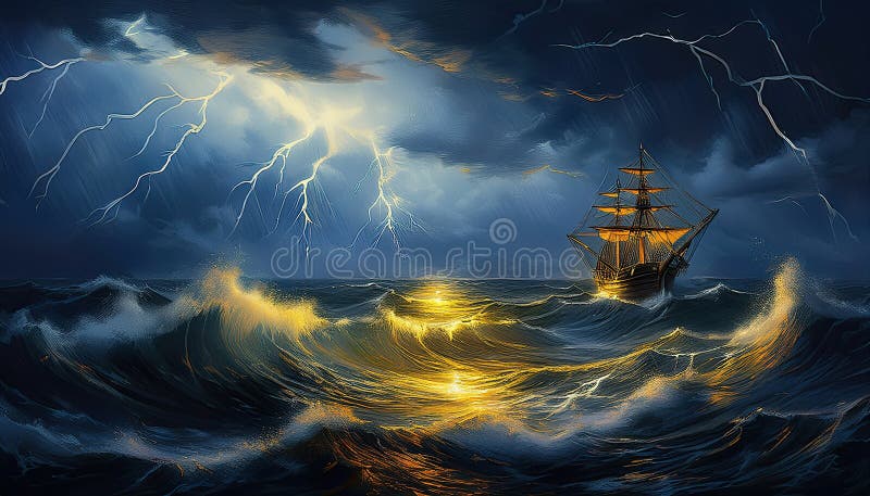 Tempestuous Night Over Ship at Sea Stock Illustration - Illustration of ...