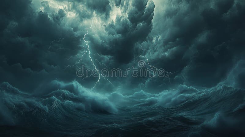 Tempestuous Ocean Waves Under Dark Storm Clouds and Lightning Stock ...