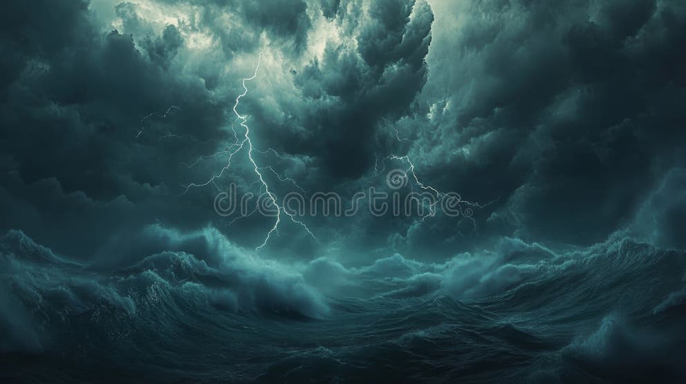 Tempestuous Ocean Waves Under Dark Storm Clouds and Lightning Stock ...