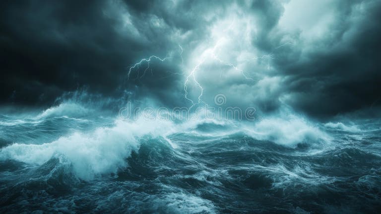 Tempestuous Ocean Waves Under a Lightning Storm Stock Image - Image of ...