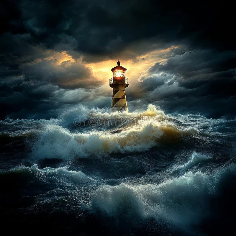 During a Tempestuous Sea Storm, a Lighthouse Radiates a Powerful Beam ...