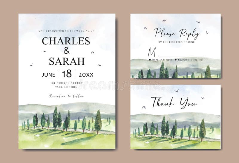 Wedding Invitation with Beautiful Landscape Watercolor Stock Vector ...
