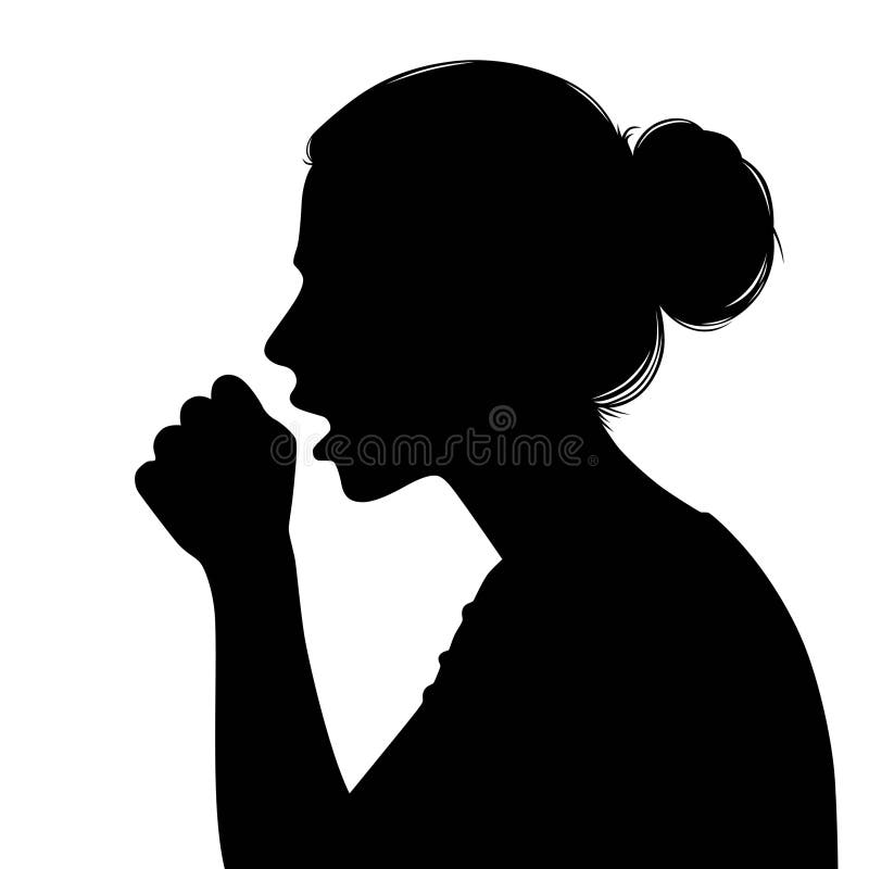 Silhouette Profile of a Woman Coughing with Her Hand Covering Her Mouth ...