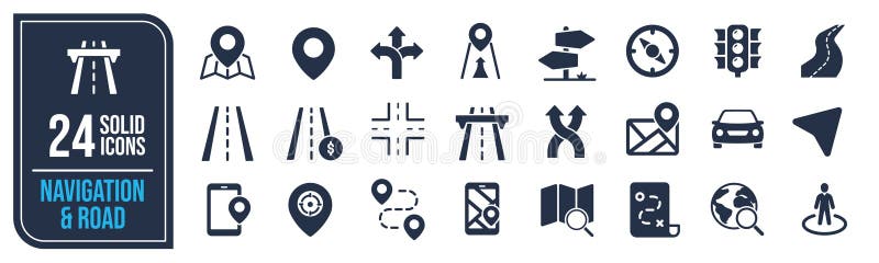 Navigation and Road Solid Icons Collection. Containing Map, Route, Road ...