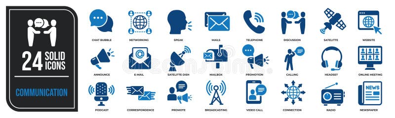 Communication Solid Icons Collection. Containing Speak, Mail, Contact ...