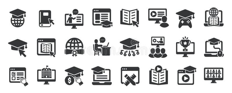 Online Education Glyph Solid Icons Collection. Containing E-learning ...