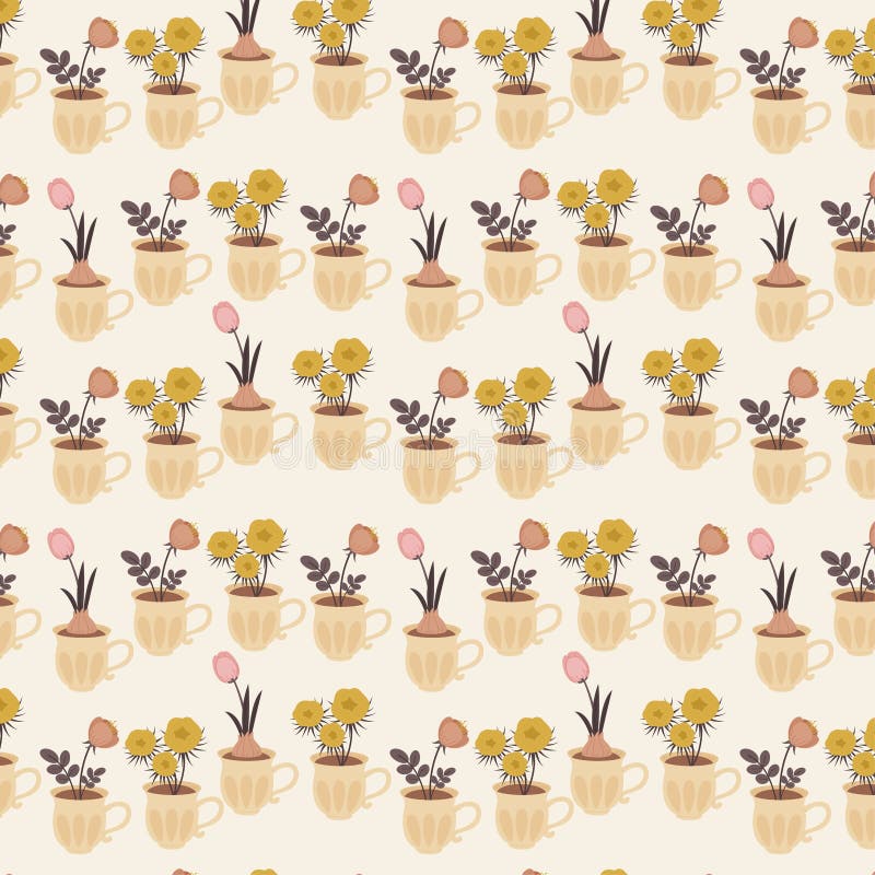 Flowers Growing in Cups Wallpaper. Vector Seamless Pattern Stock Vector ...