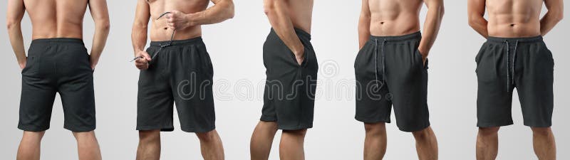 Template of Blank Black Shorts on a Guy on an Isolated Background, Set ...