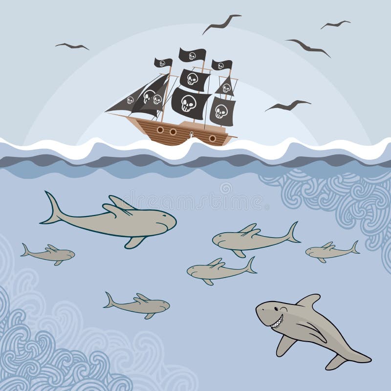 Template with Cartoon Sharks Stock Vector - Illustration of shark, blue ...