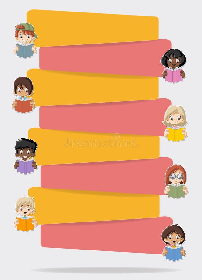 Template with Cartoon Student Children Reading Books Stock Vector ...