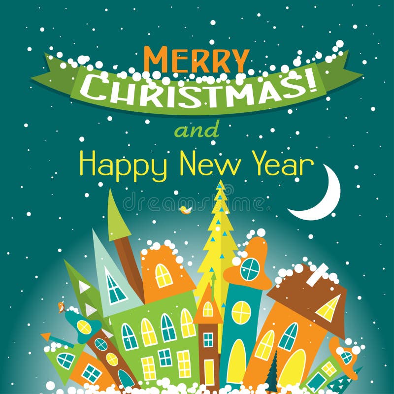 Template Christmas Greeting Card with a Tree and House, Vector Stock ...