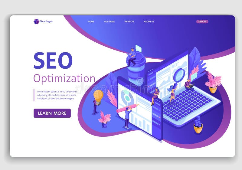 Template Design SEO Analytics Landing Page. Isometric Search Engine Optimization Analysis ...