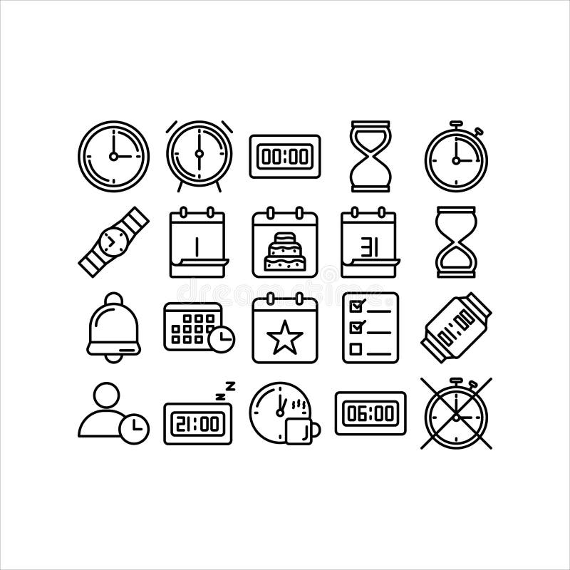 Set of Date and Time Icons with an Outline Style Stock Vector ...