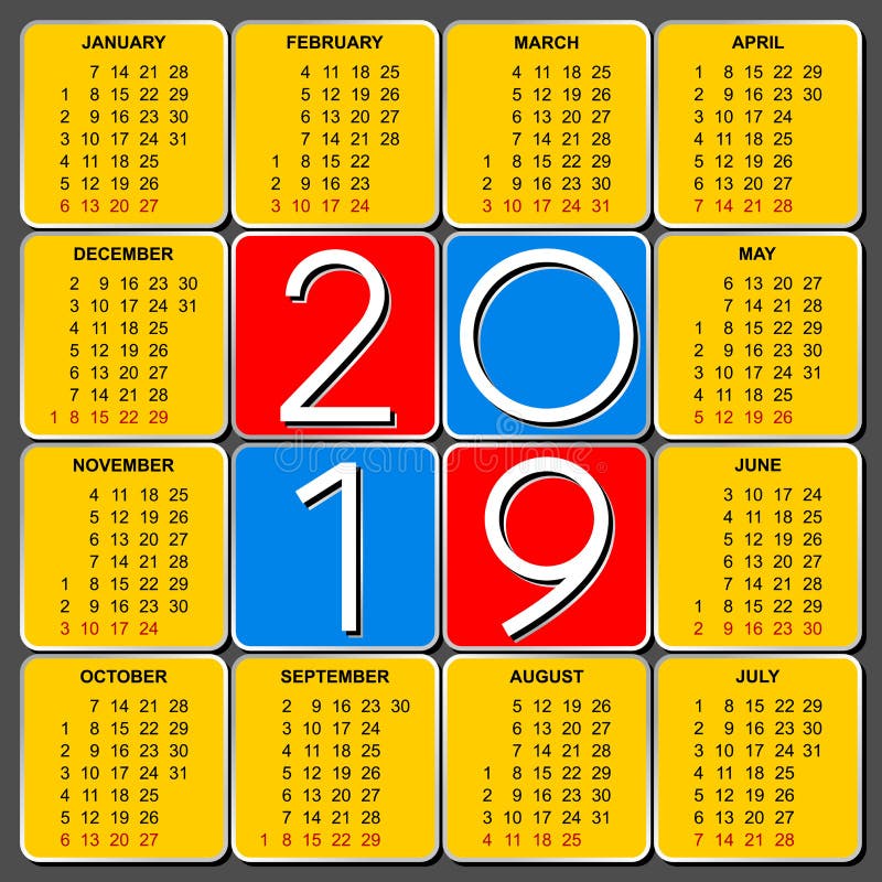 European Calendar Grid for 2019 Stock Vector - Illustration of ...