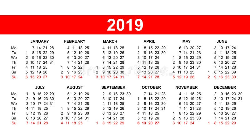 European Calendar Grid 2019 in Vector Stock Vector - Illustration of ...
