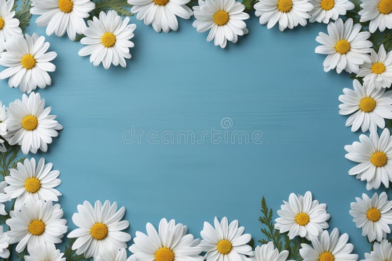 Template Floral Picture Frame of Daisy on Blue Background Stock ...