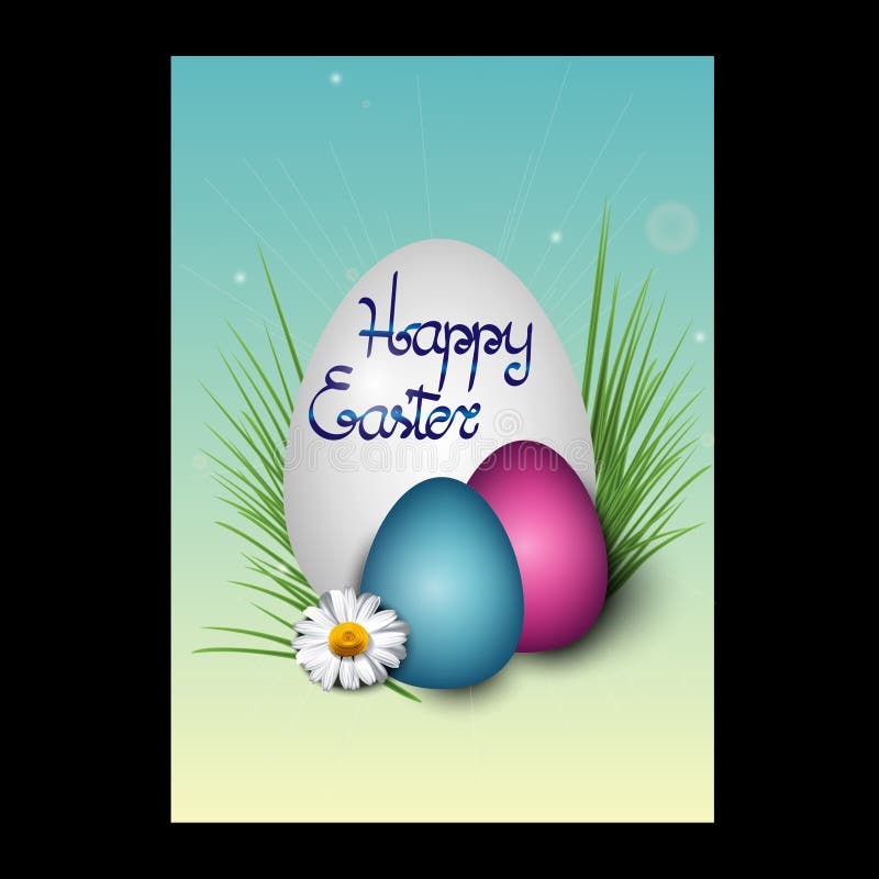 Template for Happy Easter Card with Easter Eggs, Daisy Flower. Vector ...
