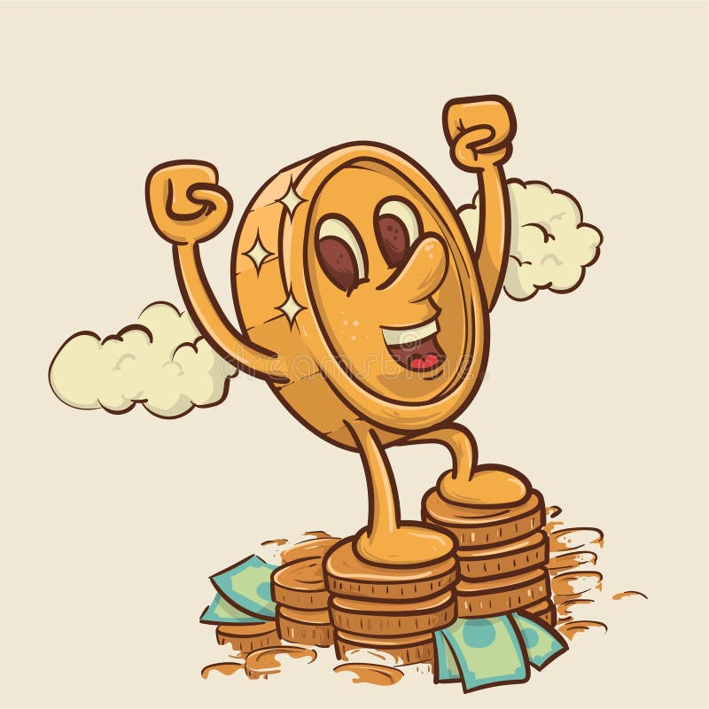 Financial Goals Concept. Shine Coin Mascot with Face Celebrate in the ...