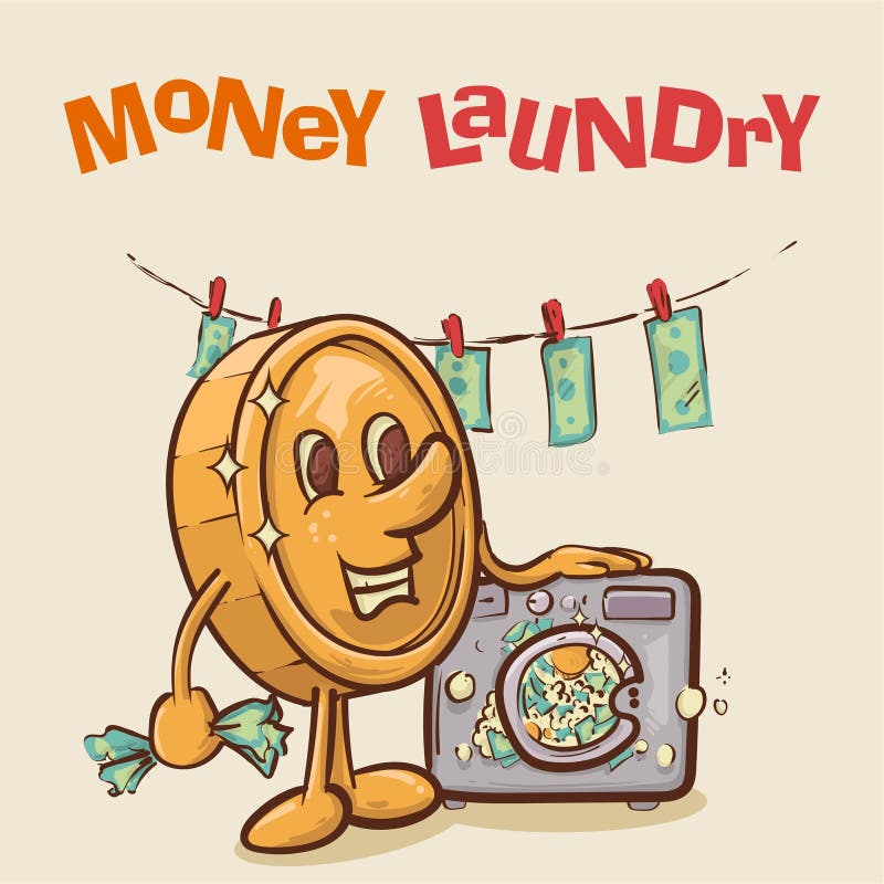 Money Laundry Concept. Shine Coin Mascot with Face in Front of Laundry ...