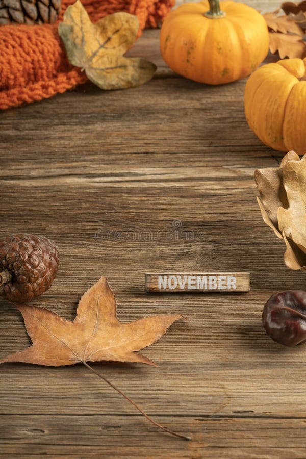 Template for November with Dried Leaves and Pumpkins on Wooden ...