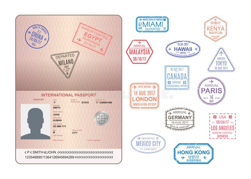 Template Of An Open Passport With Stamps Seals Travel Immigration Stock Vector