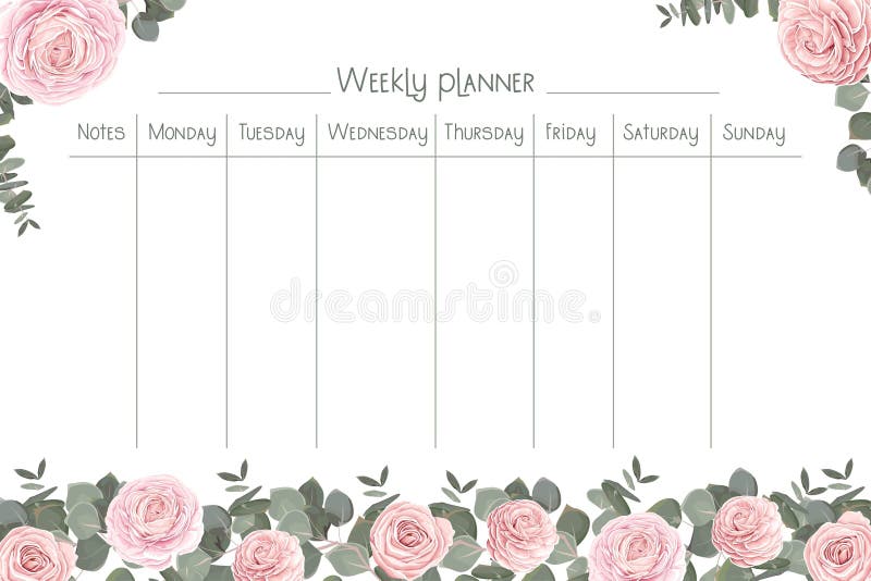 Template for Planning the Week. Pink Rose, Peony, Ranunculus, Green ...