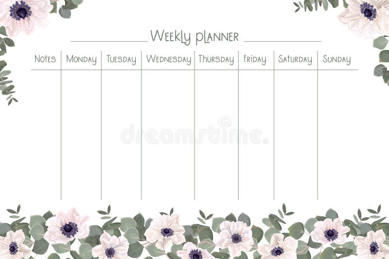 Template for Planning the Week. White Anemones, Green Eucalyptus Stock ...