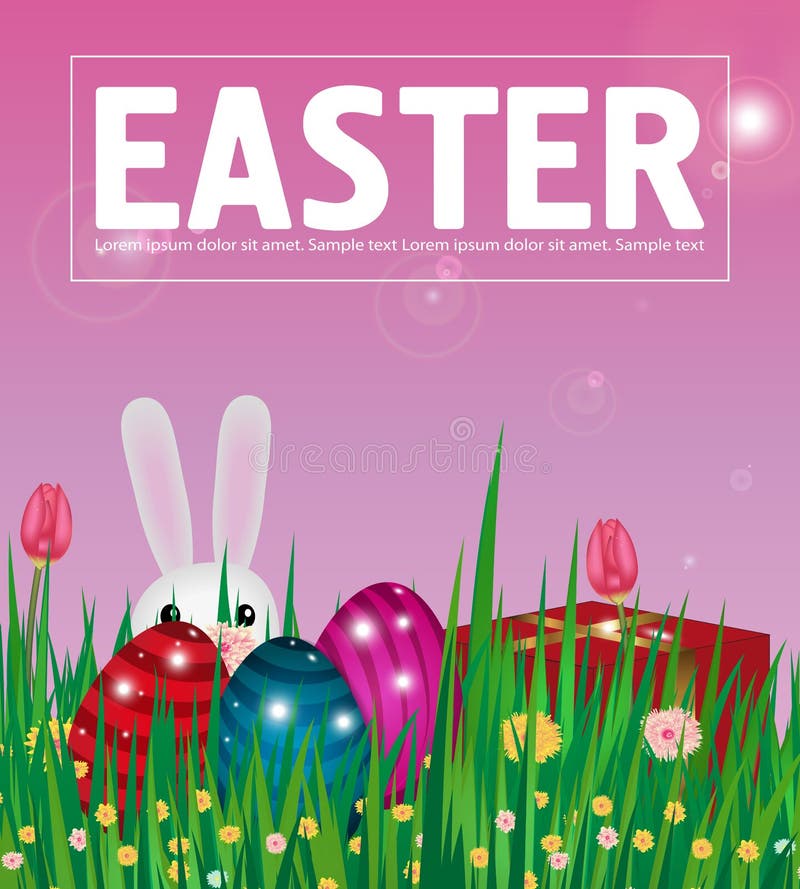 Template Poster or Card Easter with Eggs, Grass, Flowers and Bu Stock ...