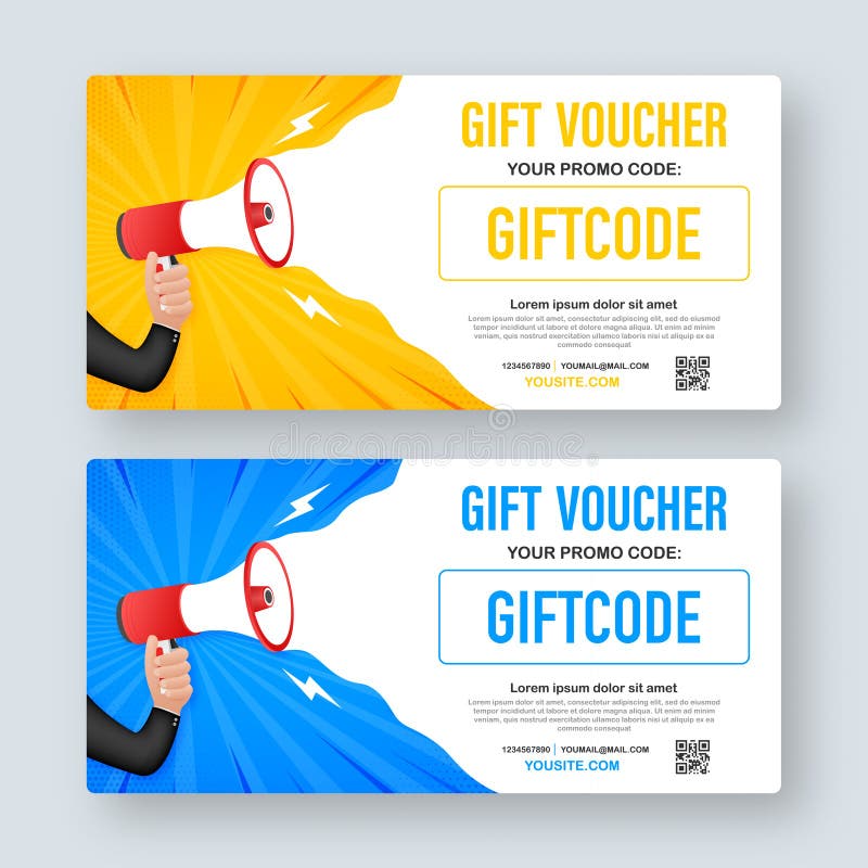 Template Red and Blue Gift Card. Vector Gift Voucher with Coupon Code ...