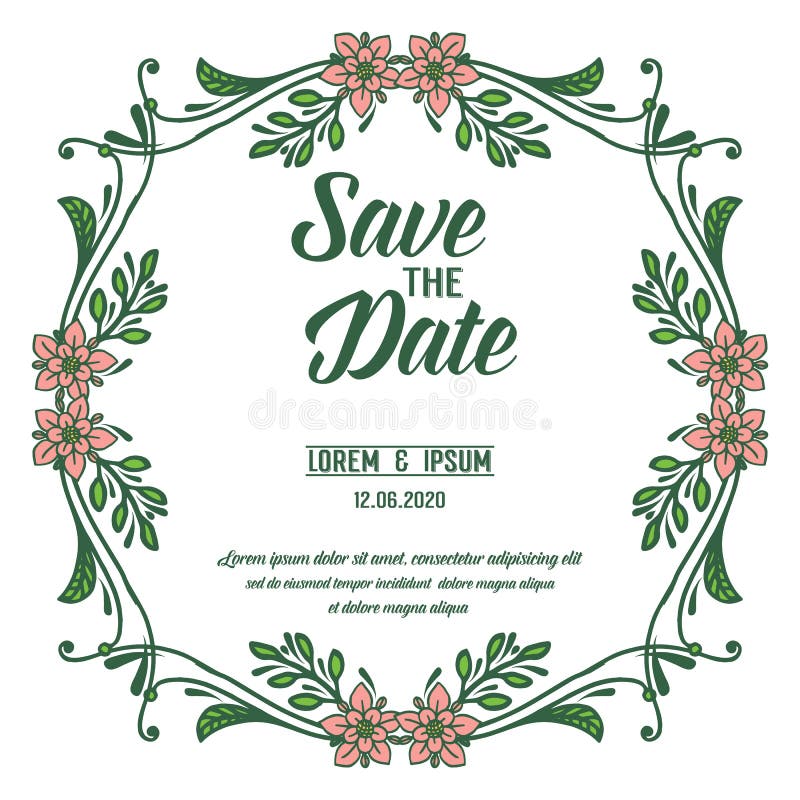 Template Save the Date, with Graphic of Green Leaf Floral Frame. Vector ...